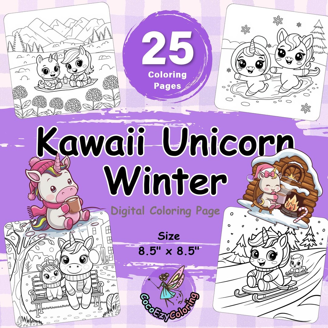 Cute Unicorn Winter,kawaii Coloring Page, for Kids and Adult,cute ...