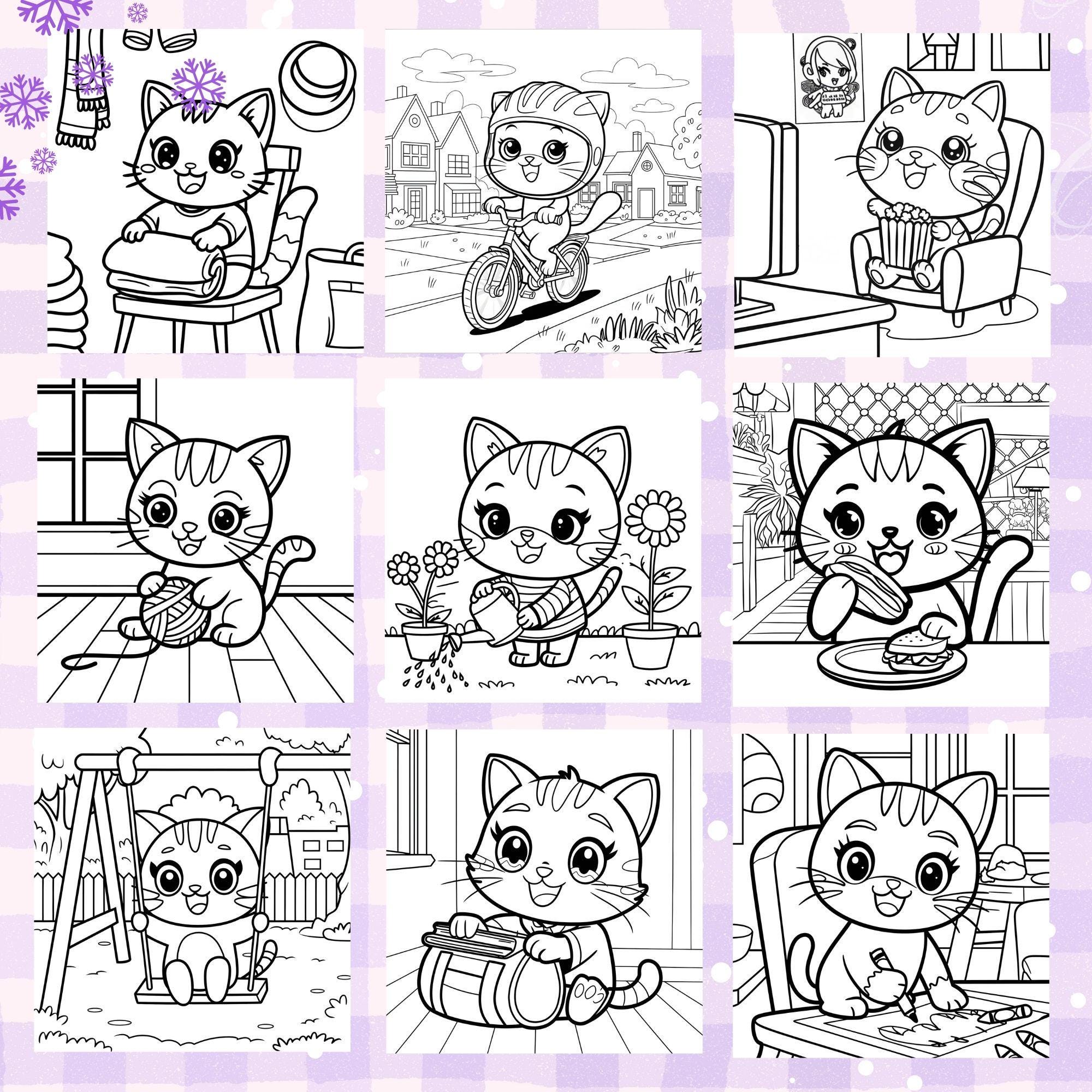 Cute Cat Daily Routine Coloring Pages for Kids and Adult,kawaii ...