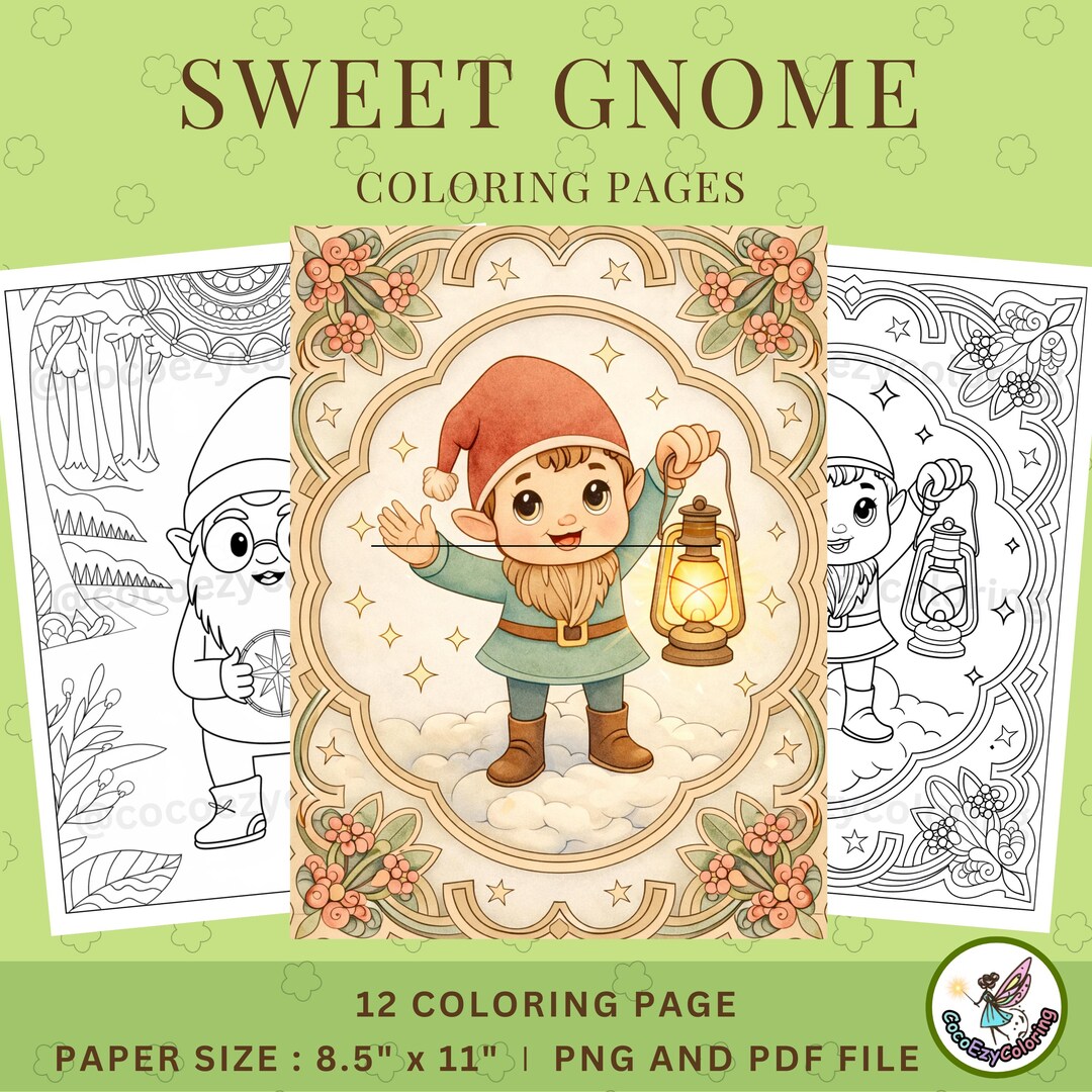 Gnomes Coloring Page, Kawaii Style, Relaxation Printables (digital ...