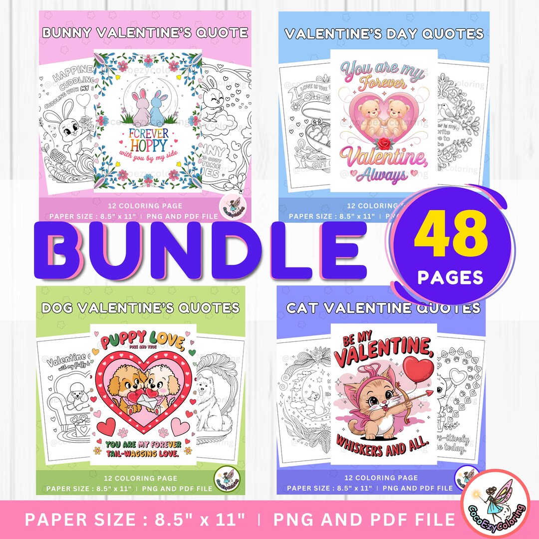 Valentine's Day Coloring Pages Bundle: Cat, Dog, Rabbit Quotes (digital ...