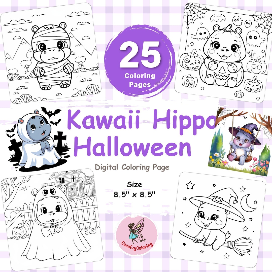 Halloween Hippo,coloring Pages for Kids and Adults,kawaii Coloring Book ...