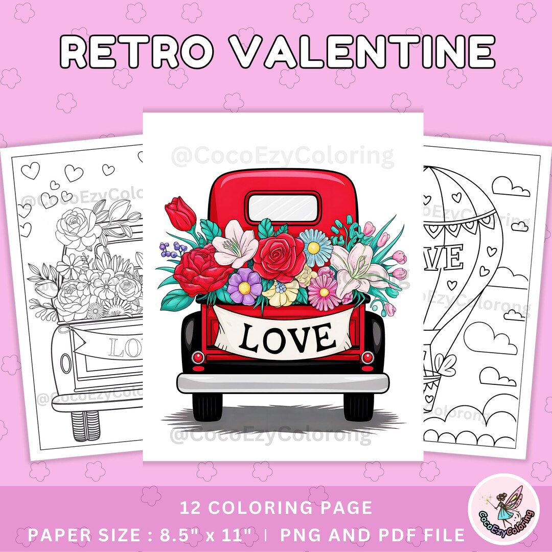 Retro Valentine's Day Coloring Pages: Relaxing Adult Designs (PDF) - Etsy