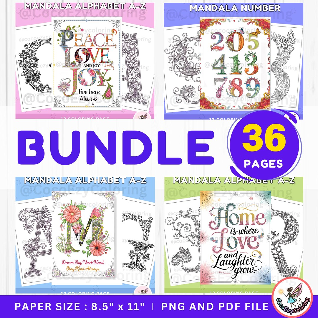 Mandala Letter & Number Coloring Pages Bundle: Floral Alphabet ...
