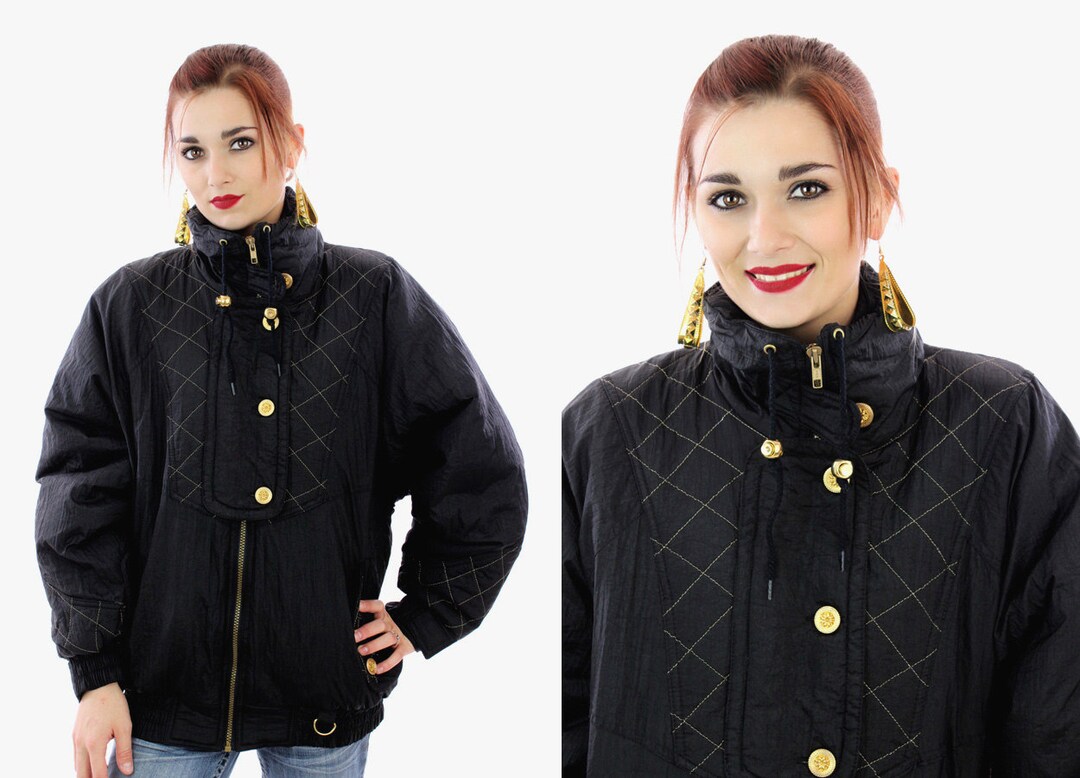 Hip Hop Ski Jacket Vintage 90s Black Gold Puffy Quilted Coat 80s Winter ...