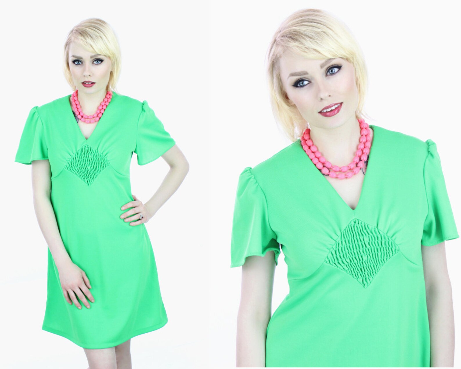 Mod A-line Dress Mini Lime Green Babydoll Flutter Sleeves Sixties Dolly ...
