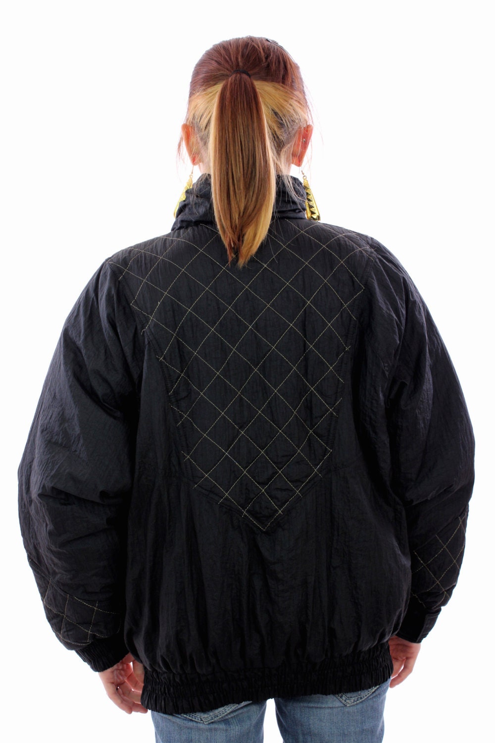 Hip Hop Ski Jacket Vintage 90s Black Gold Puffy Quilted Coat 80s Winter ...