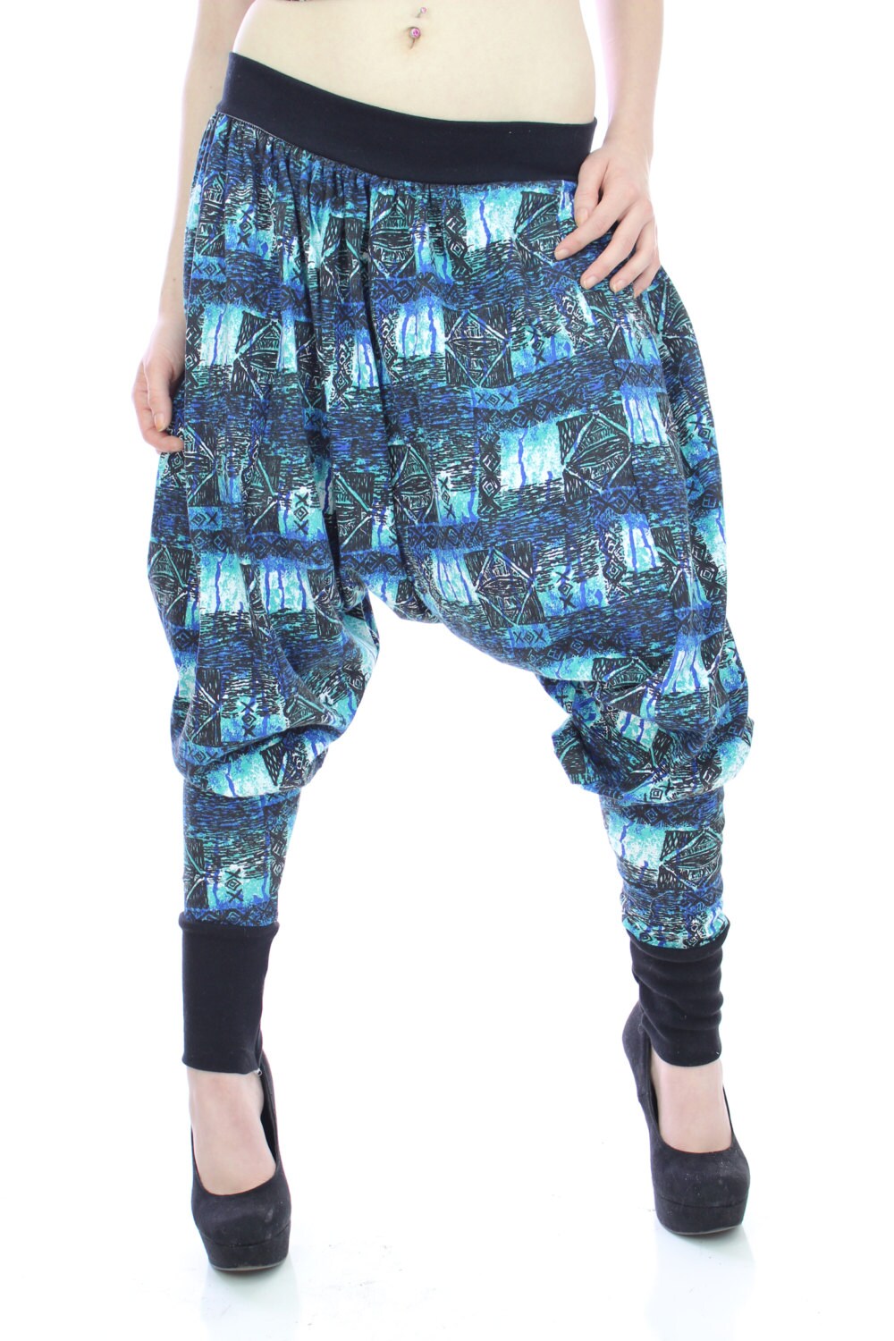 Hammer Pants Drop Crotch Harem Leggings Blue Surf Ethnic Print 80s 90s ...