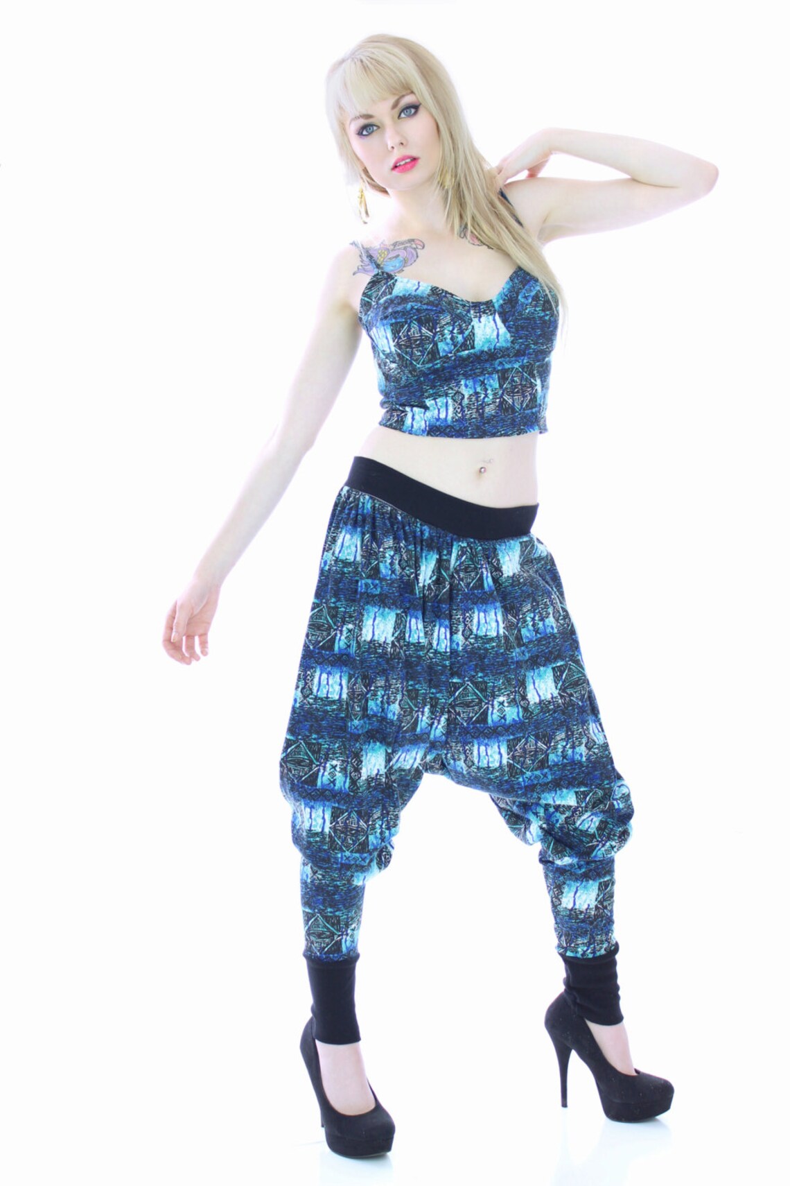 Hammer Pants Drop Crotch Harem Leggings Blue Surf Ethnic Print 80s 90s ...