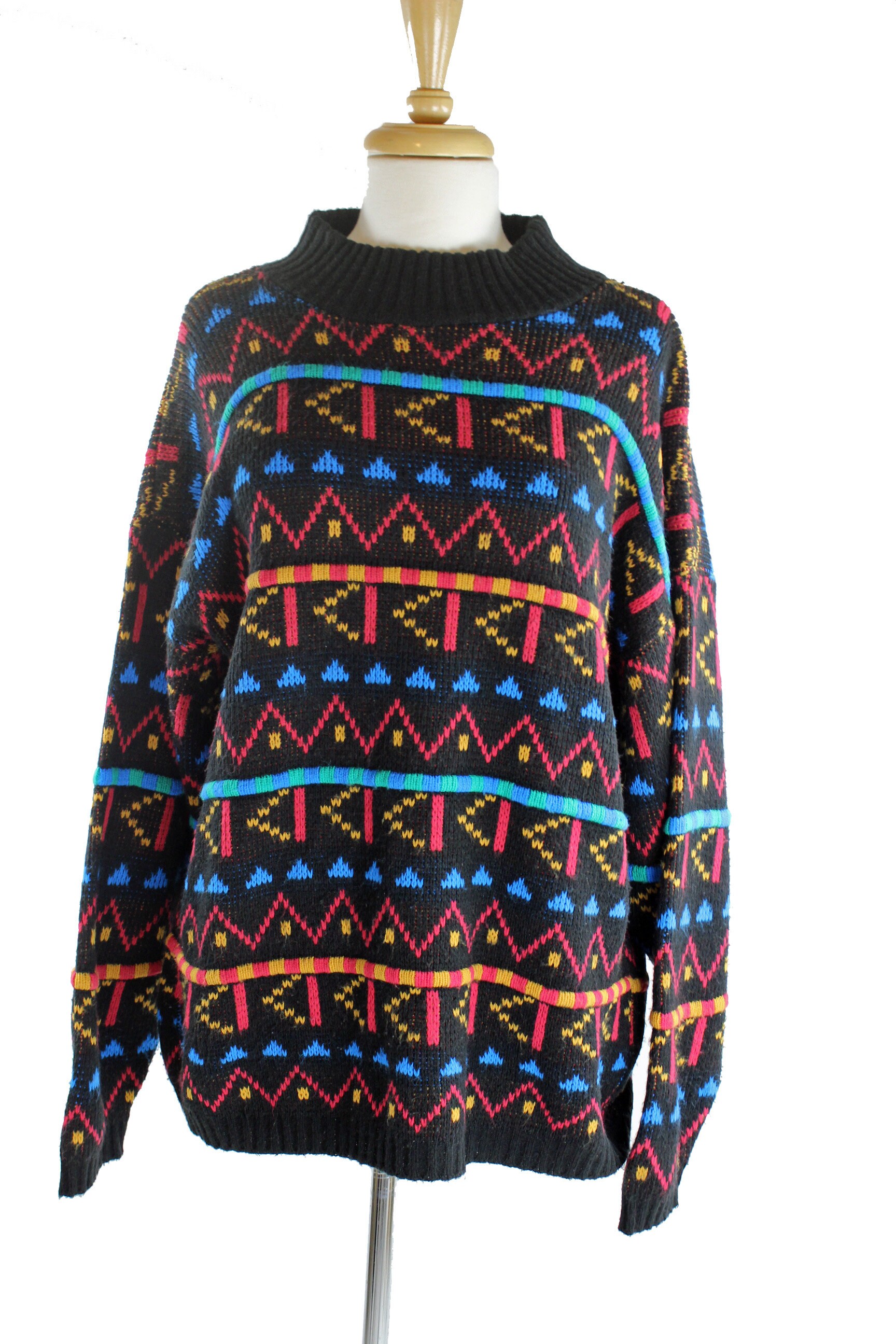 Black Multicolor Sweater Vintage 80s Oversized Large L - Etsy