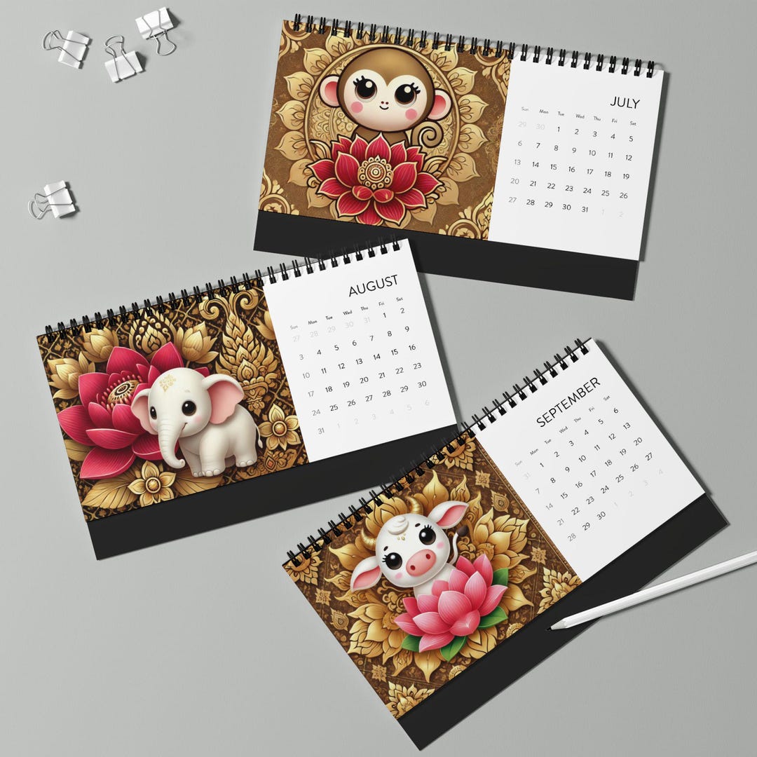 Desktop Calendar 2025 Grid Lucky Gold Animal and Lotus - Etsy