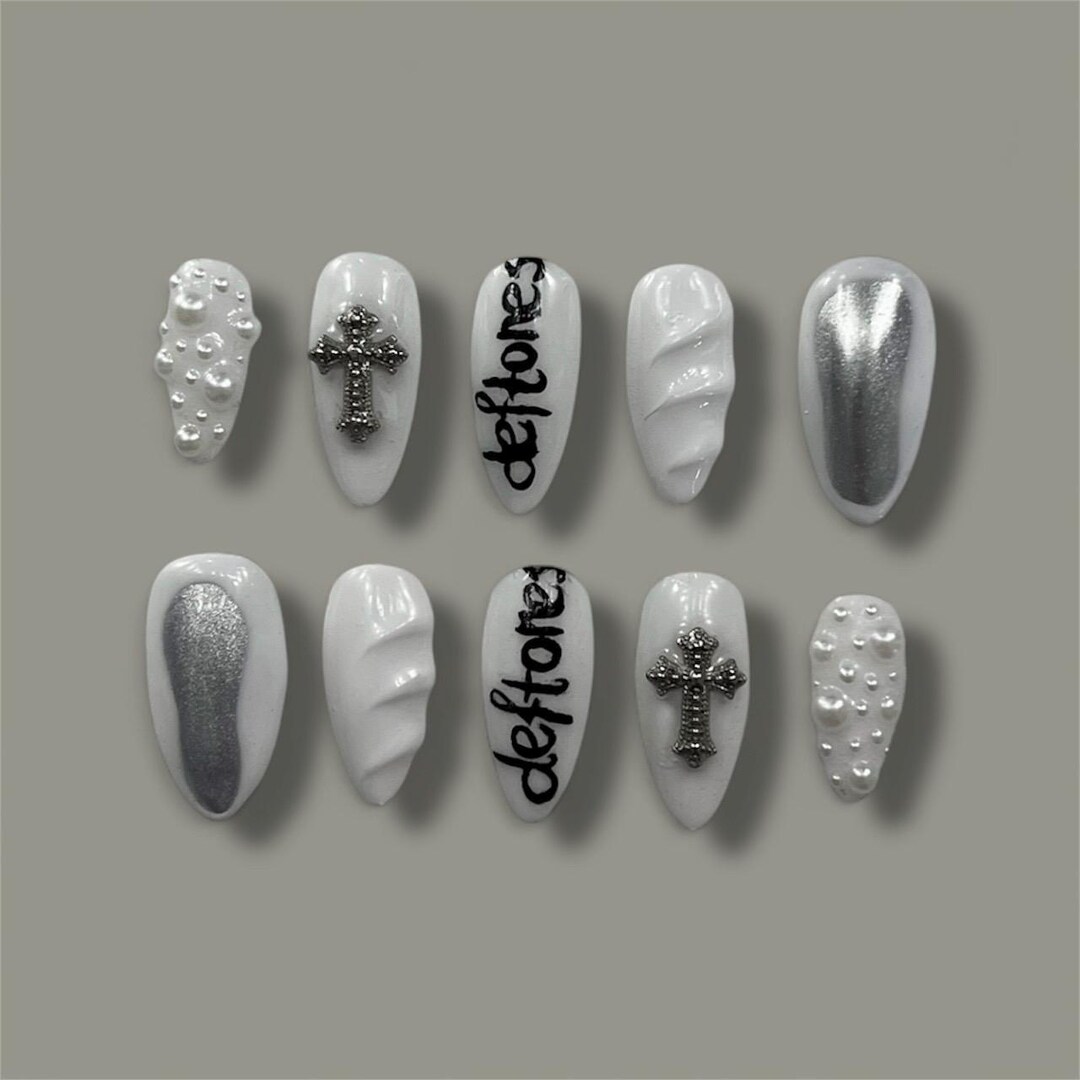 Handmade Custom Almond Deftones Press on Nails | Cross Charm | Pearls ...
