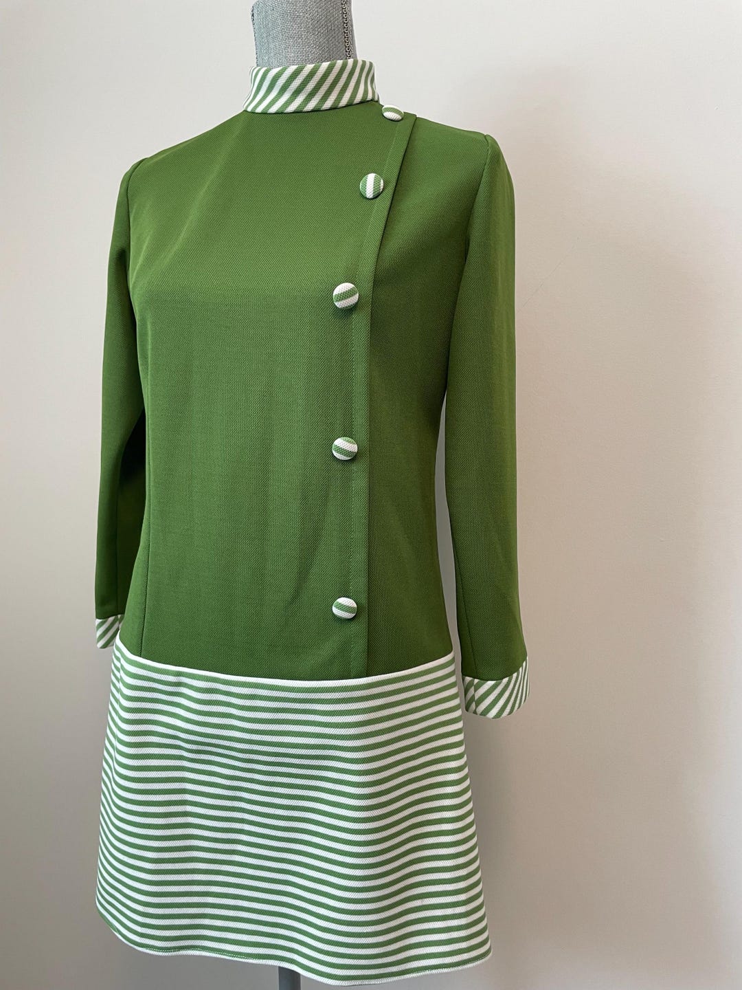 60s Style Dress, Jackie-o Style Green, 1970s Handmade Polyester Fortrel ...