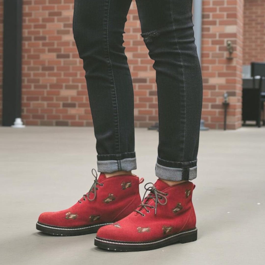 Vintage Red Suede Leather Boots: Embroidered Ducks, Hans Behr, Made in ...