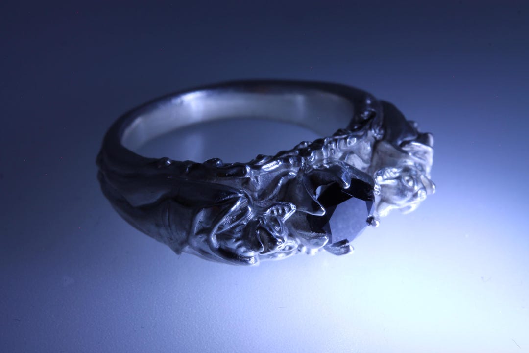 Bat Ring With Jet Black Onyx Low Bezel Gothic Ring for Wedding or ...