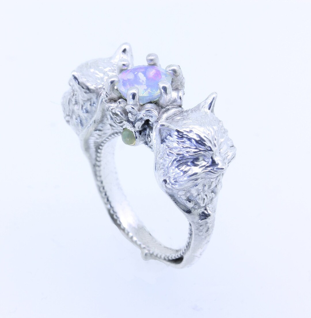 Silver Cat Ring Cat With Opals Cat Jewelry Kitty Ring Cat Lover Gift Cat Ears Ring Kawaii Cat ...