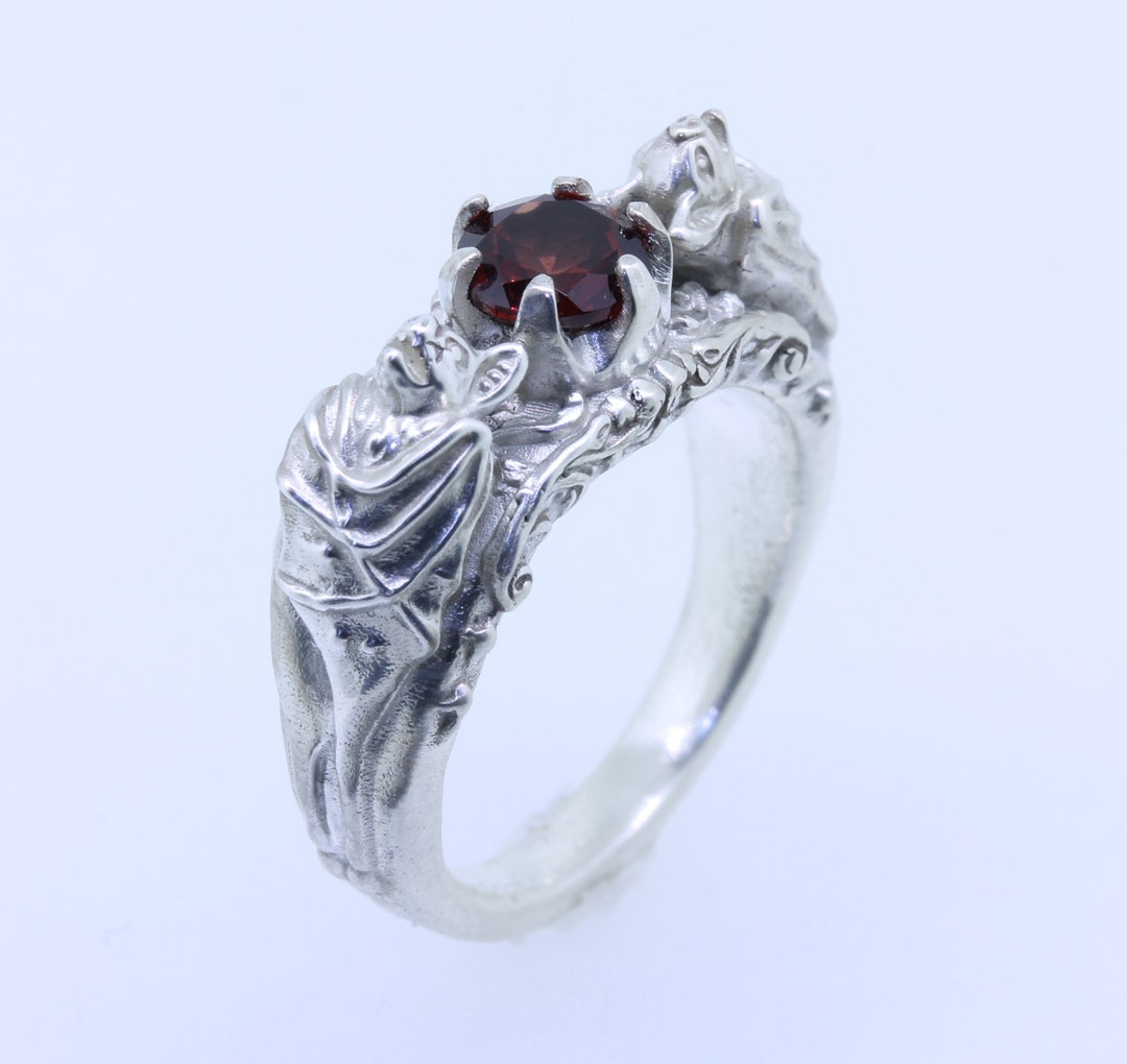 Gothic Styled Bat Ring With Natural Garnet and Renaissance Style ...