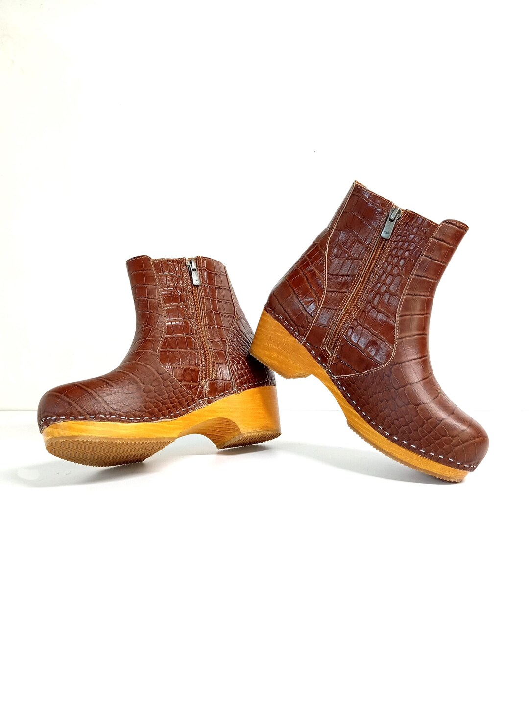 Handmade Wood and Leather (crocodile Printed) Boot Clogs Caramel - Etsy