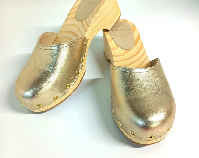 Handmade Wood and Leather Clogs Gold - Etsy