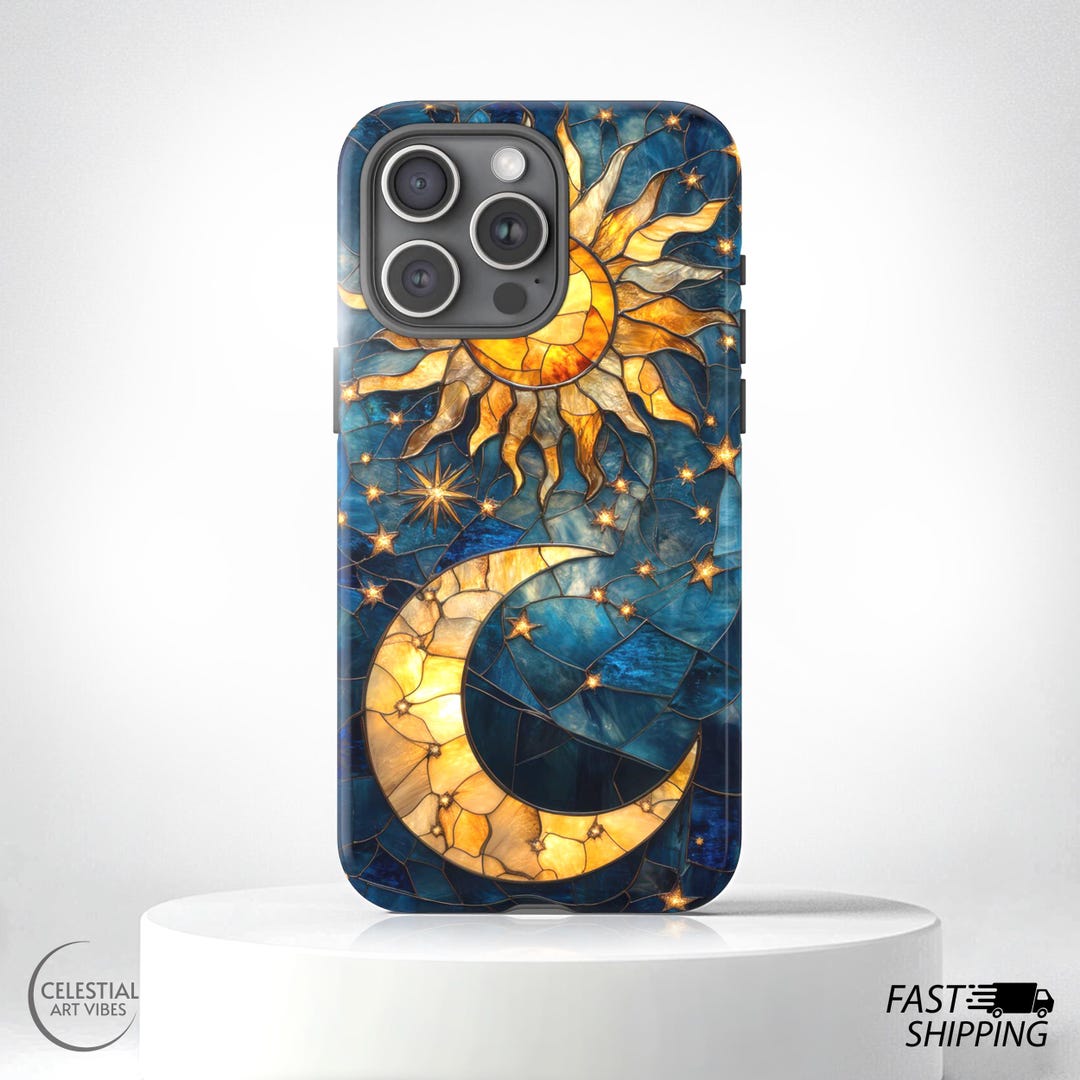 Celestial Moon Stars Stained Glass Phone Case, Crescent Moon Tough ...