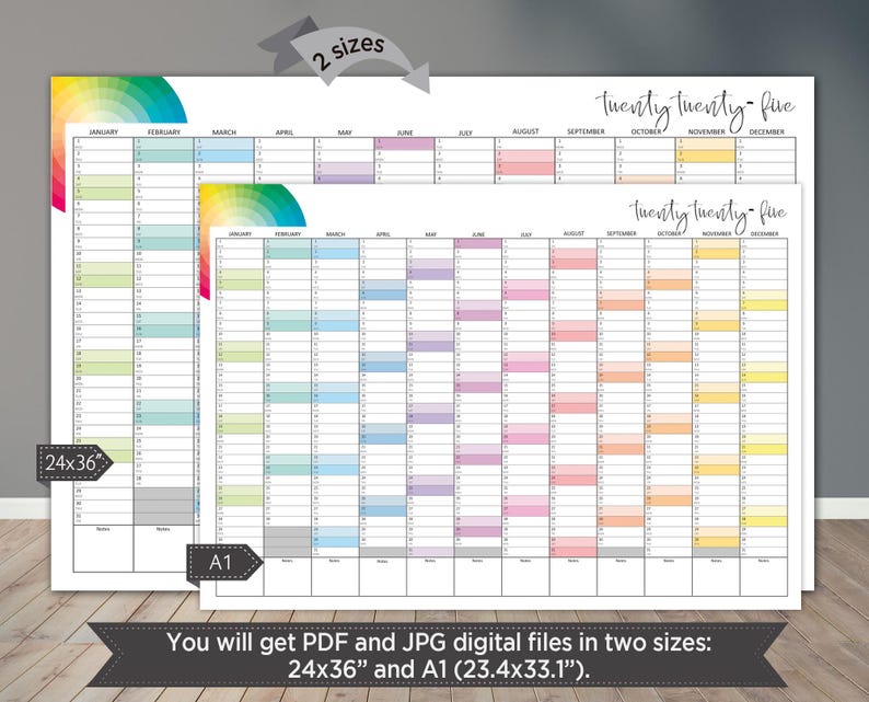 2025 Calendar Colorful Theme Printable, Giant Wall Calendar Horizontal ...