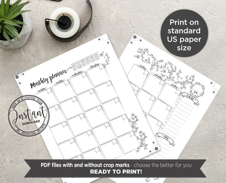 Monthly Planner Printable | Bullet Journal Monthly Calendar Template ...