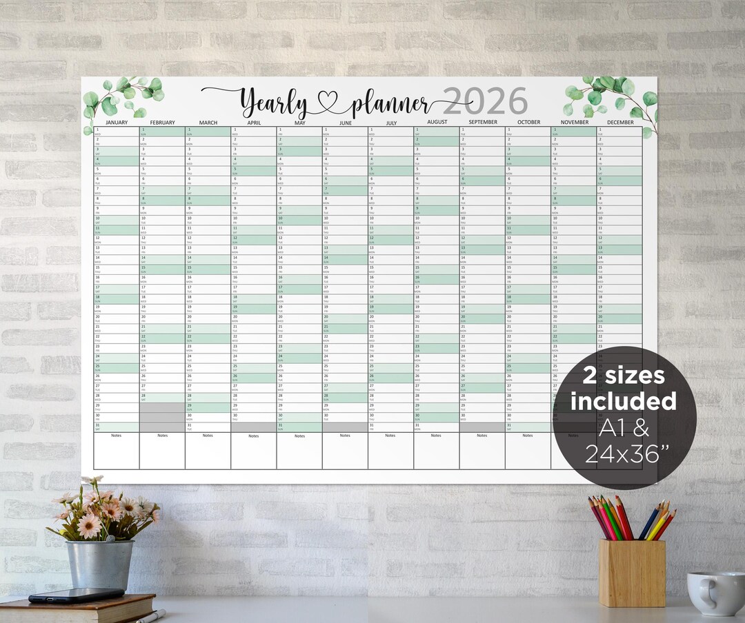 2026 Yearly Calendar Eucalyptus Art | Yearly Planner Printable Sized ...