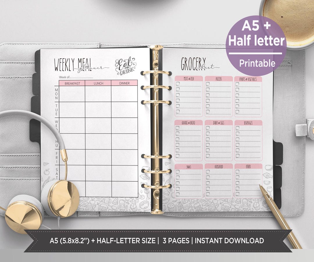 Meal Planner Inserts Printable | Weekly Meal Planner & Grocery List ...