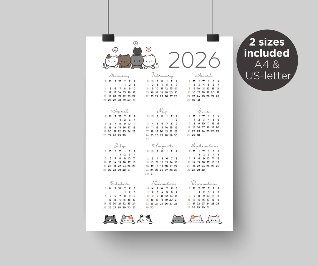 Desk Calendar 2026 Printable | Cute Cat Calendar 2026, A4 & Letter ...