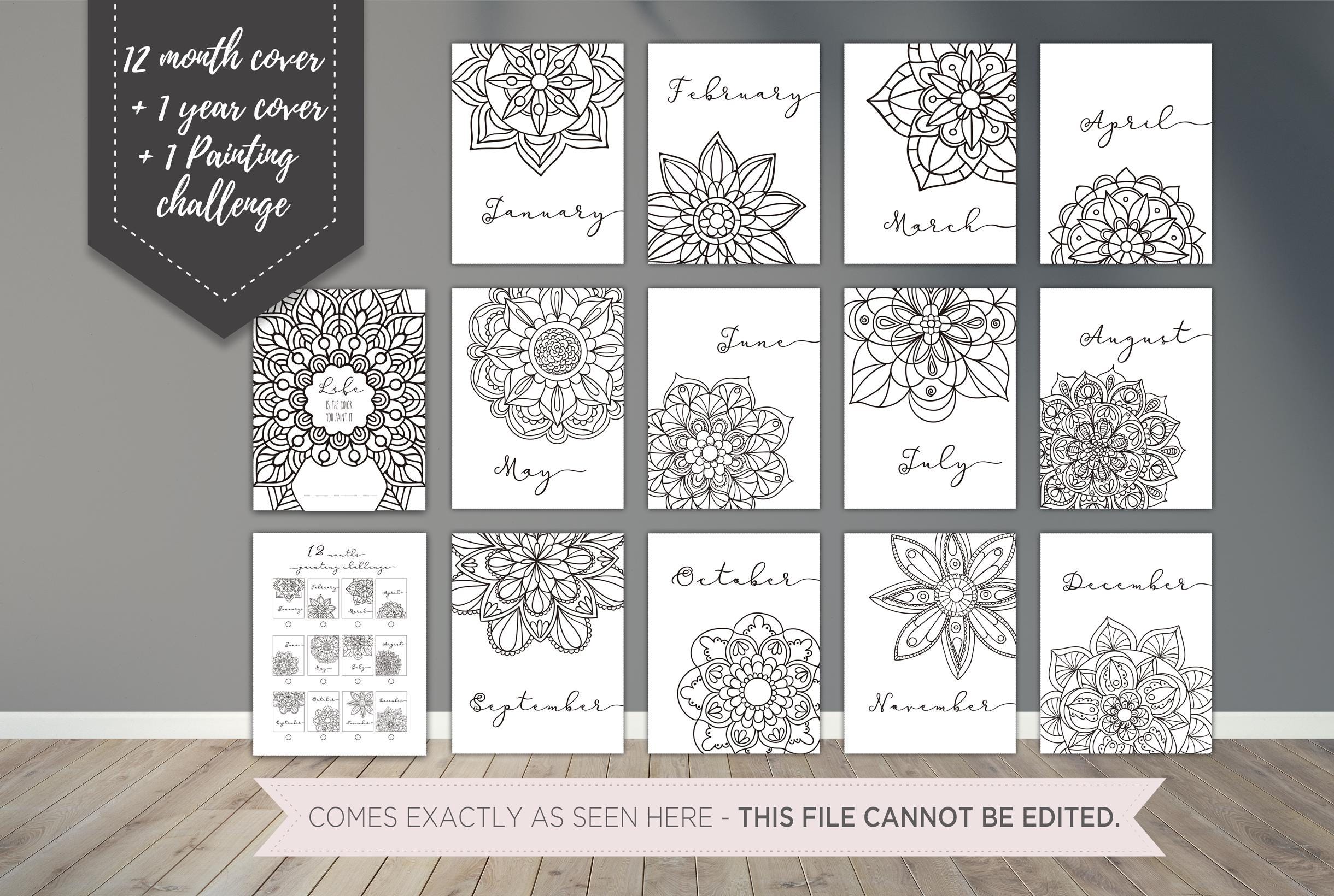 12-month Dashboard for A5 Binders With Mandala Art for Coloring, 12 ...