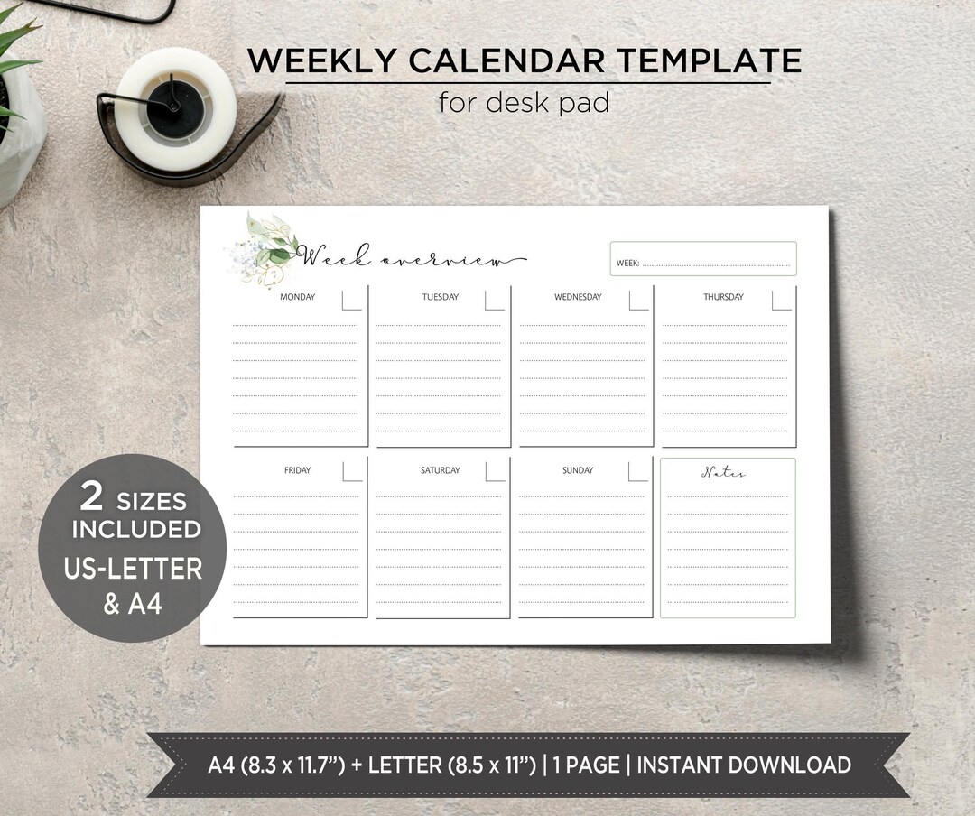 Weekly Planner Inserts | Printable Deskpad Weekly Calendar | Botanical ...