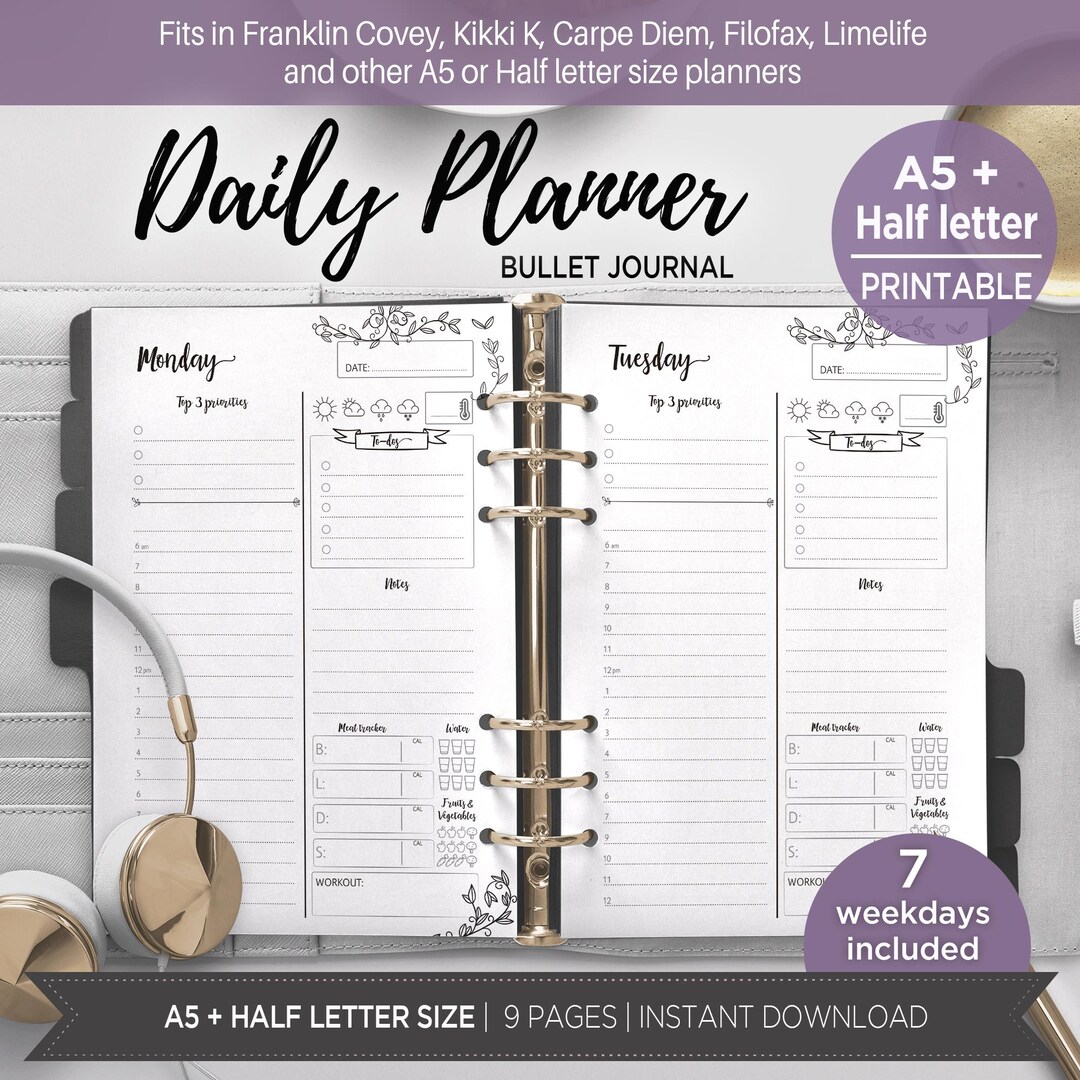 Daily Planner Printable for Bullet Journal | Daily Planner Template A5 ...