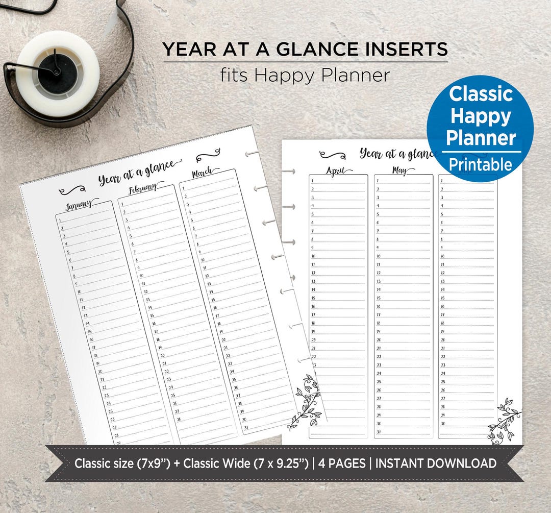 Year at a Glance Planner Pages | Yearly Overview Planner Pages, Vintage ...