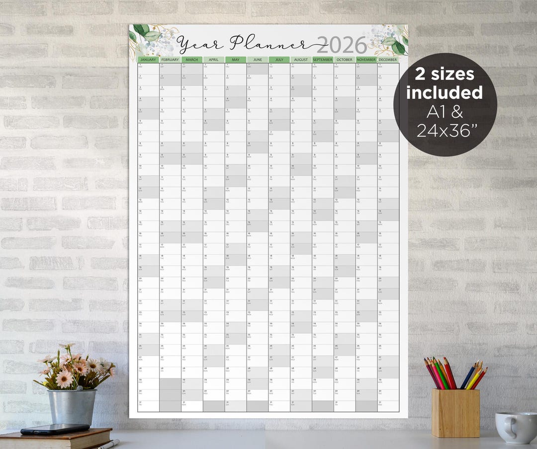2026 Yearly Wall Calendar Printable | Greenery One-page Annual Planner ...
