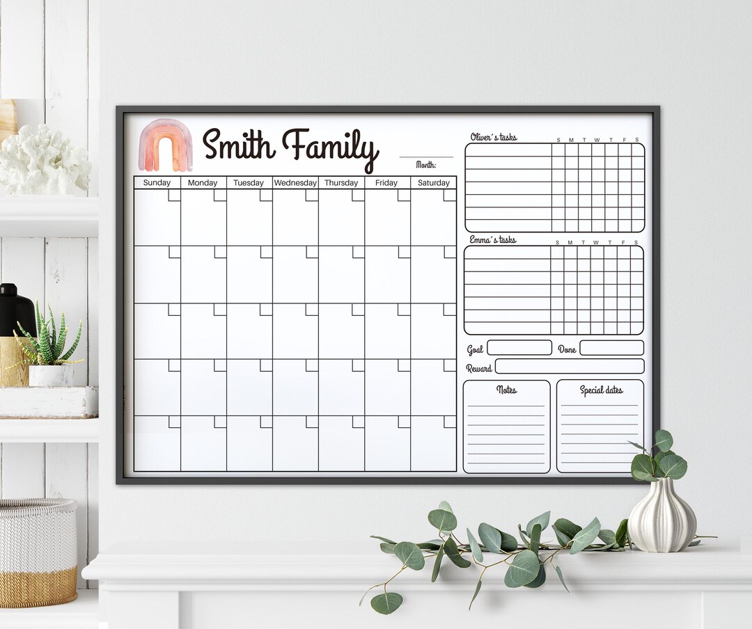 Family Calendar With Chore Chart | Watercolor Rainbow Wall Calendar. It ...
