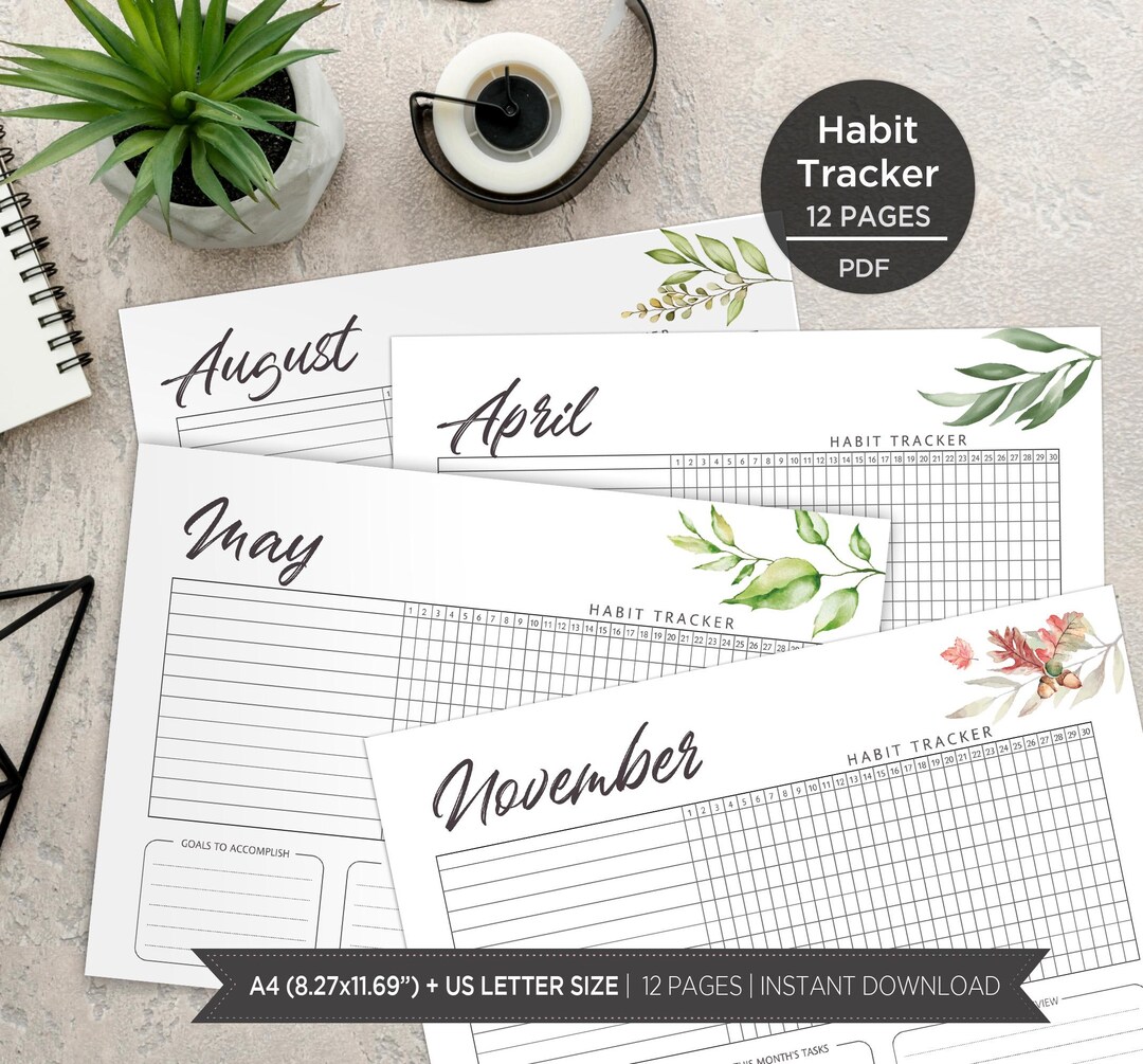 Botanical Habit Tracker Printable: Watercolor Art, A4 + Letter Size ...