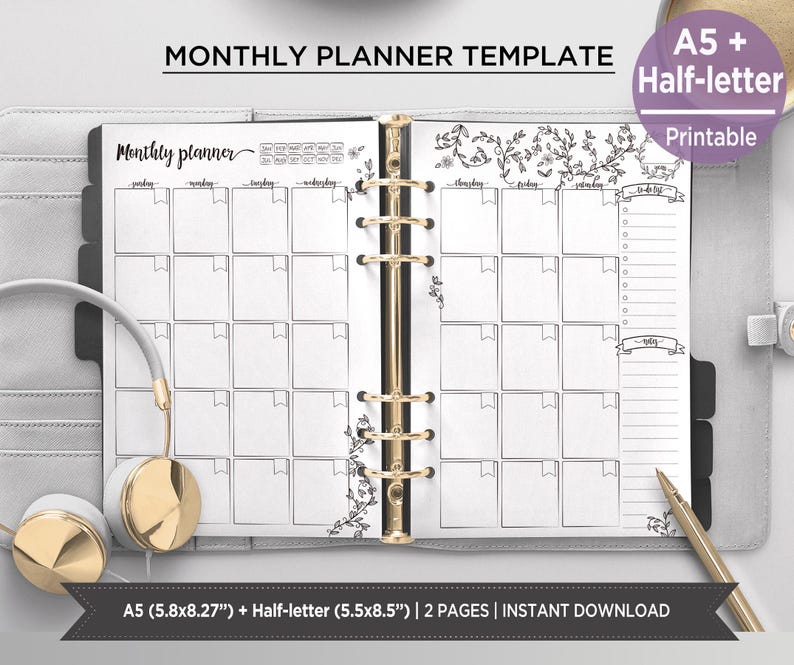 Monthly Planner Printable | Bullet Journal Monthly Calendar Template ...