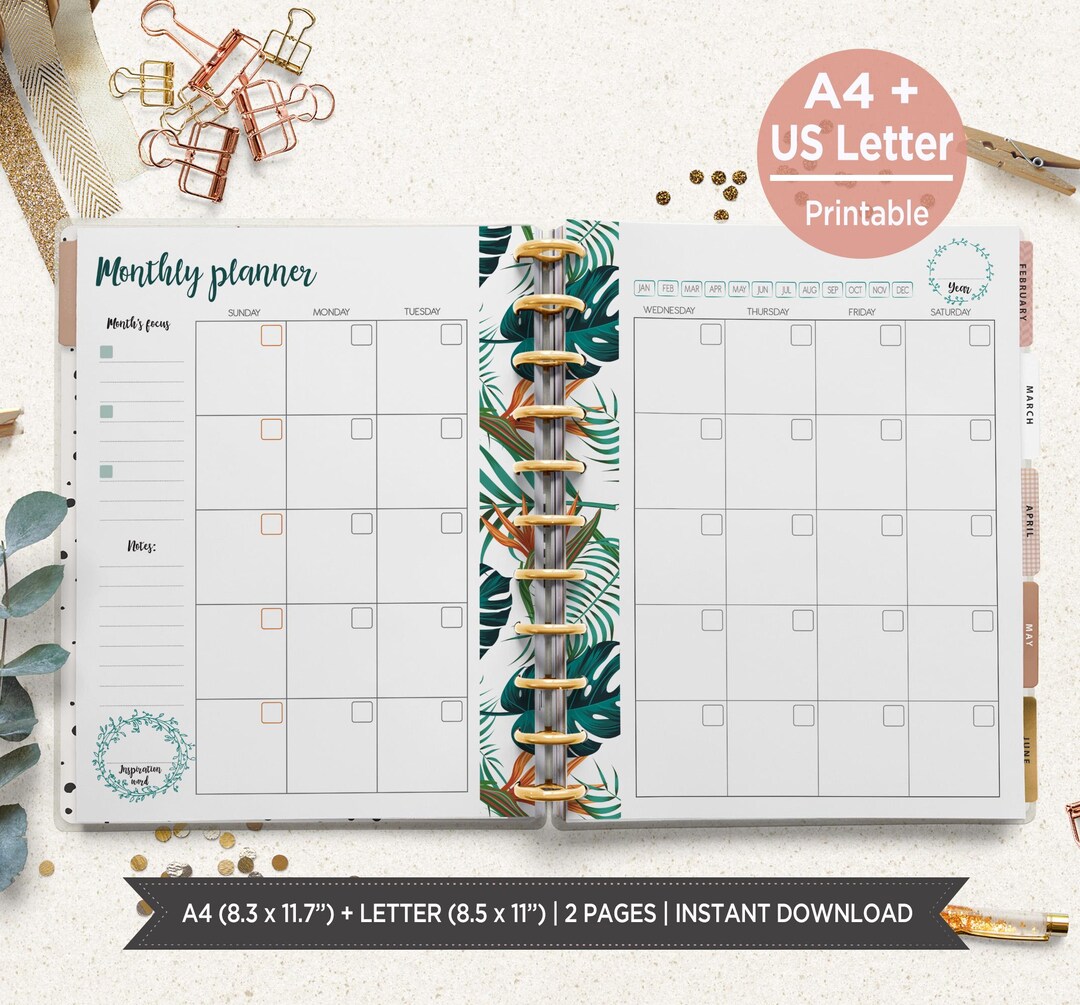 Monthly Planner to Print, Month Calendar on 2 Pages With Tropical Decor ...