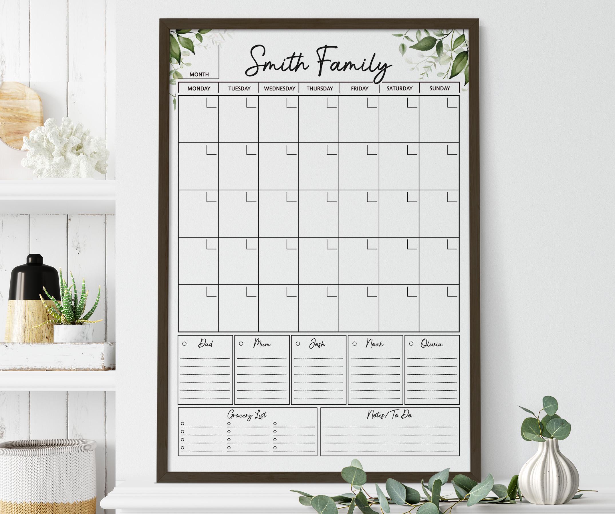 Greenery Family Wall Calendar With Dateless Month and Note Boxes for ...