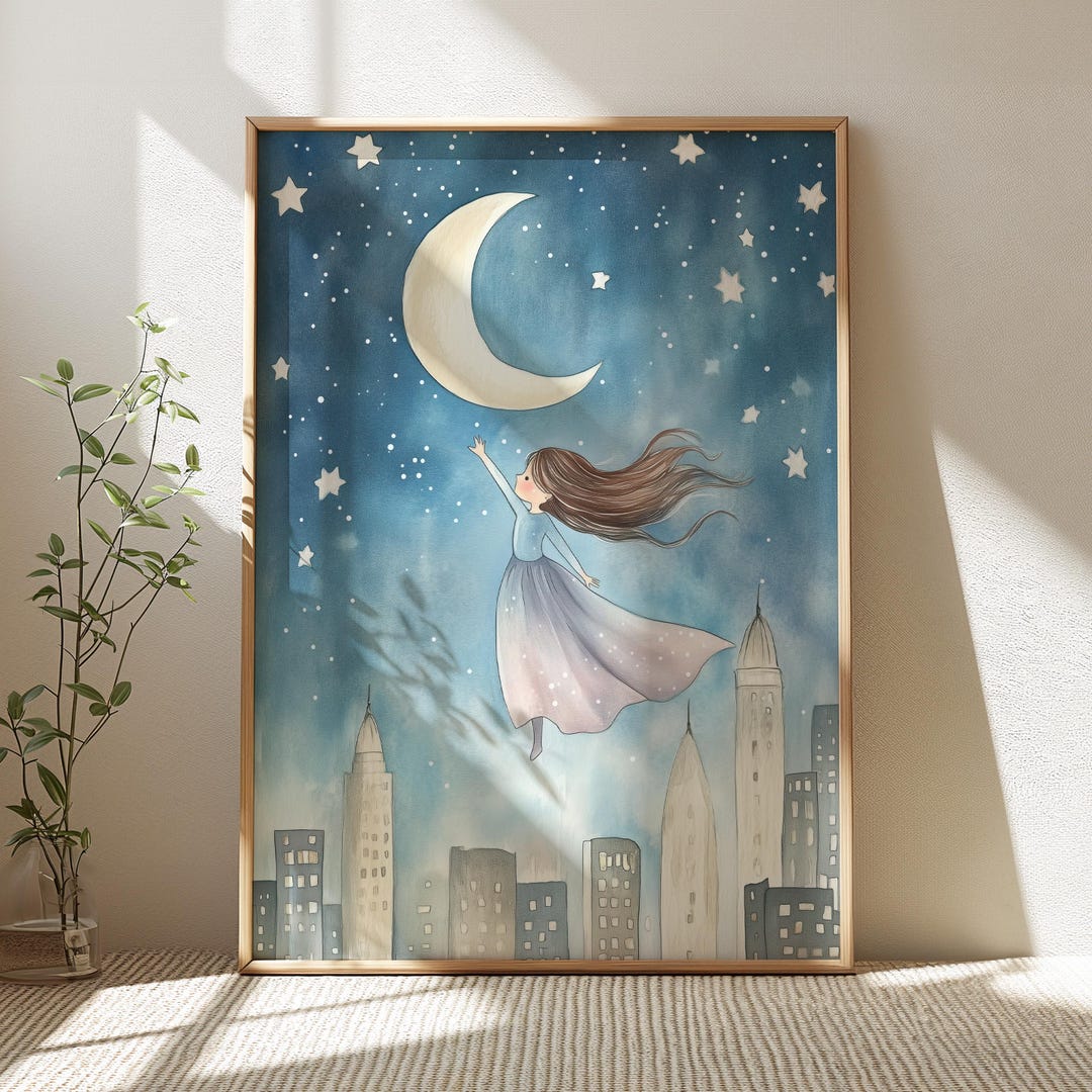 Girl Dancing Under the Moon, Nursery Art Print, Whimsical Decor for ...