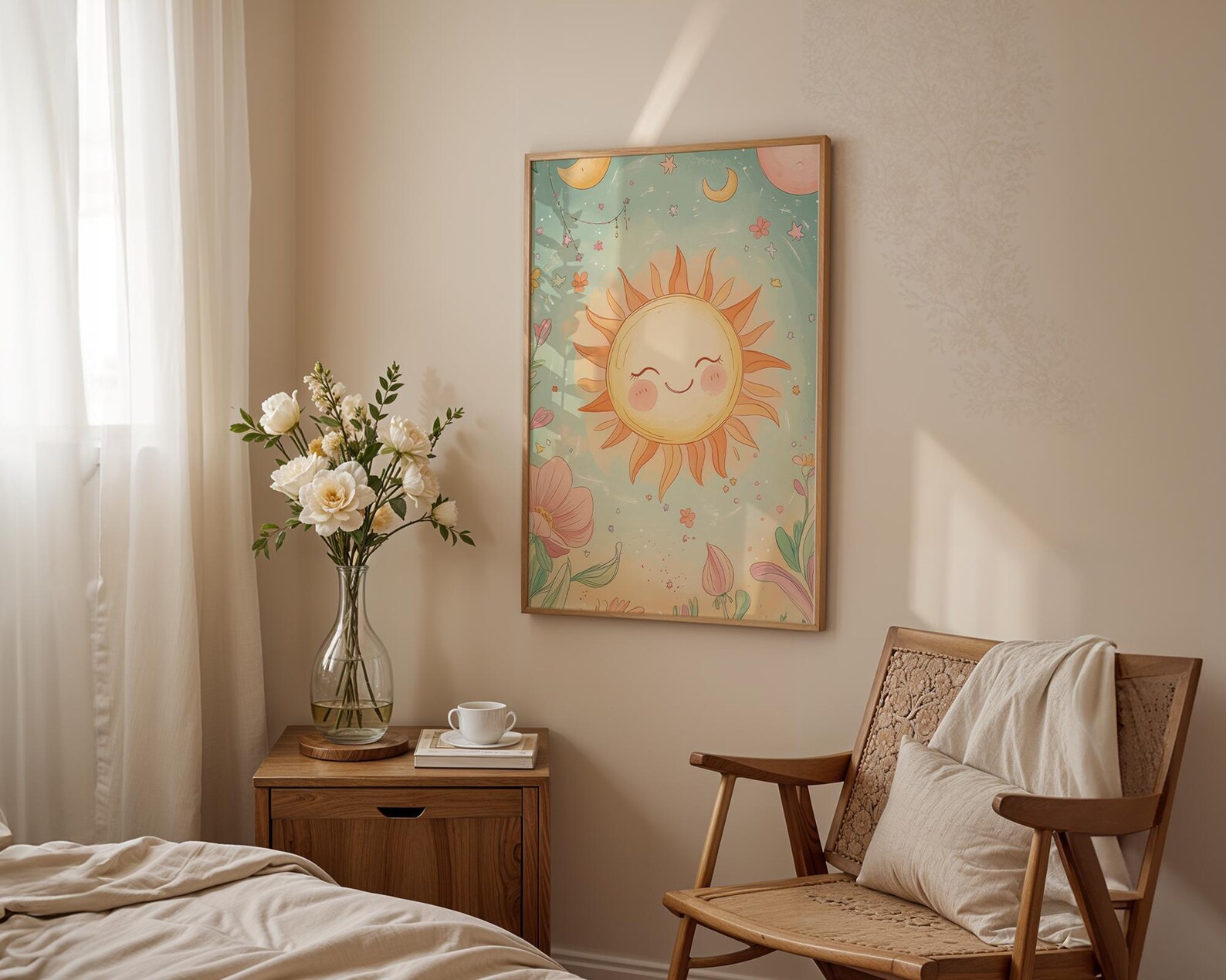 Neutral Sun Cloud Moon Art, Printable Wall Decor for Nursery, Gender ...