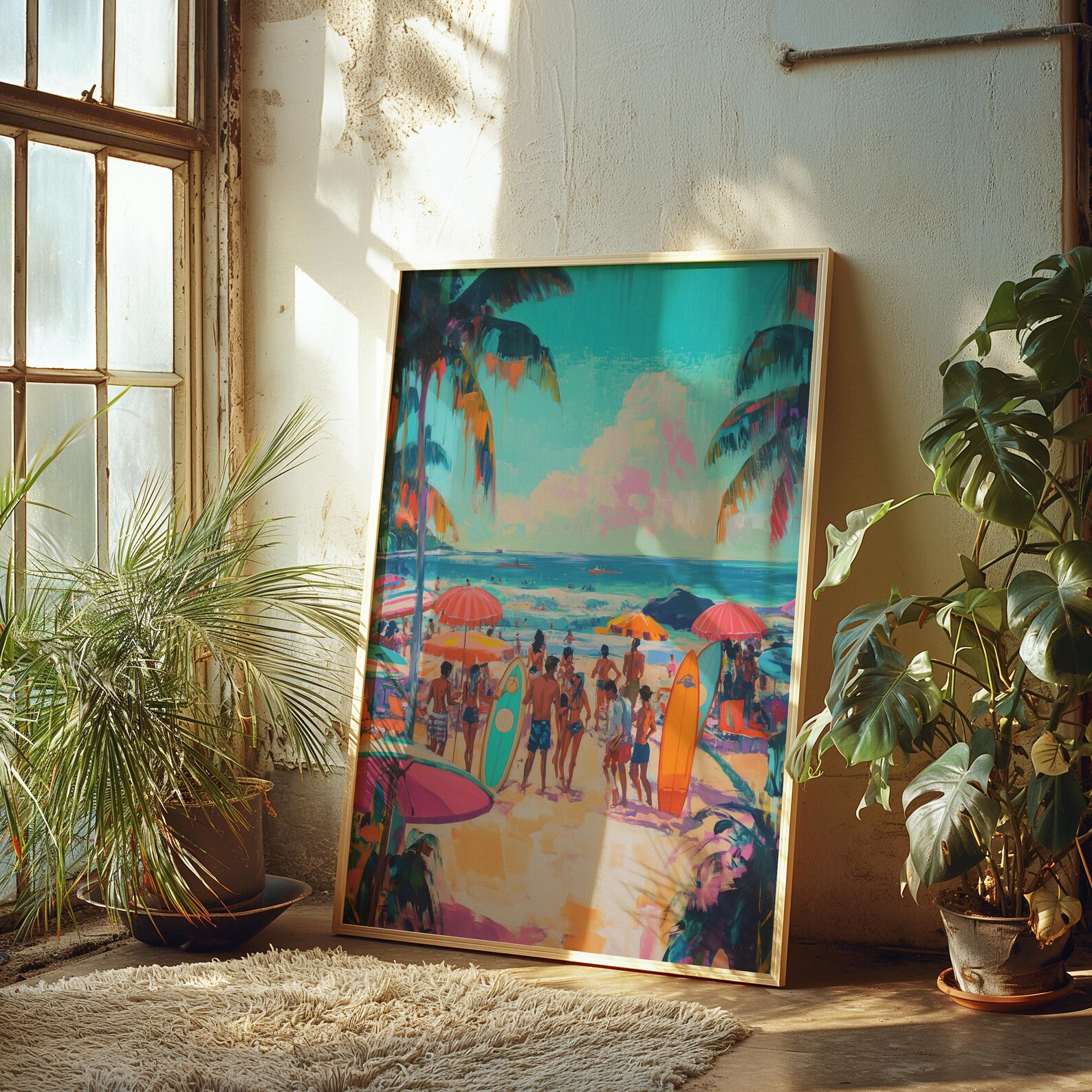 Retro Surfboards in Hawaii, Tropical Forest Landscape, Beach Art ...