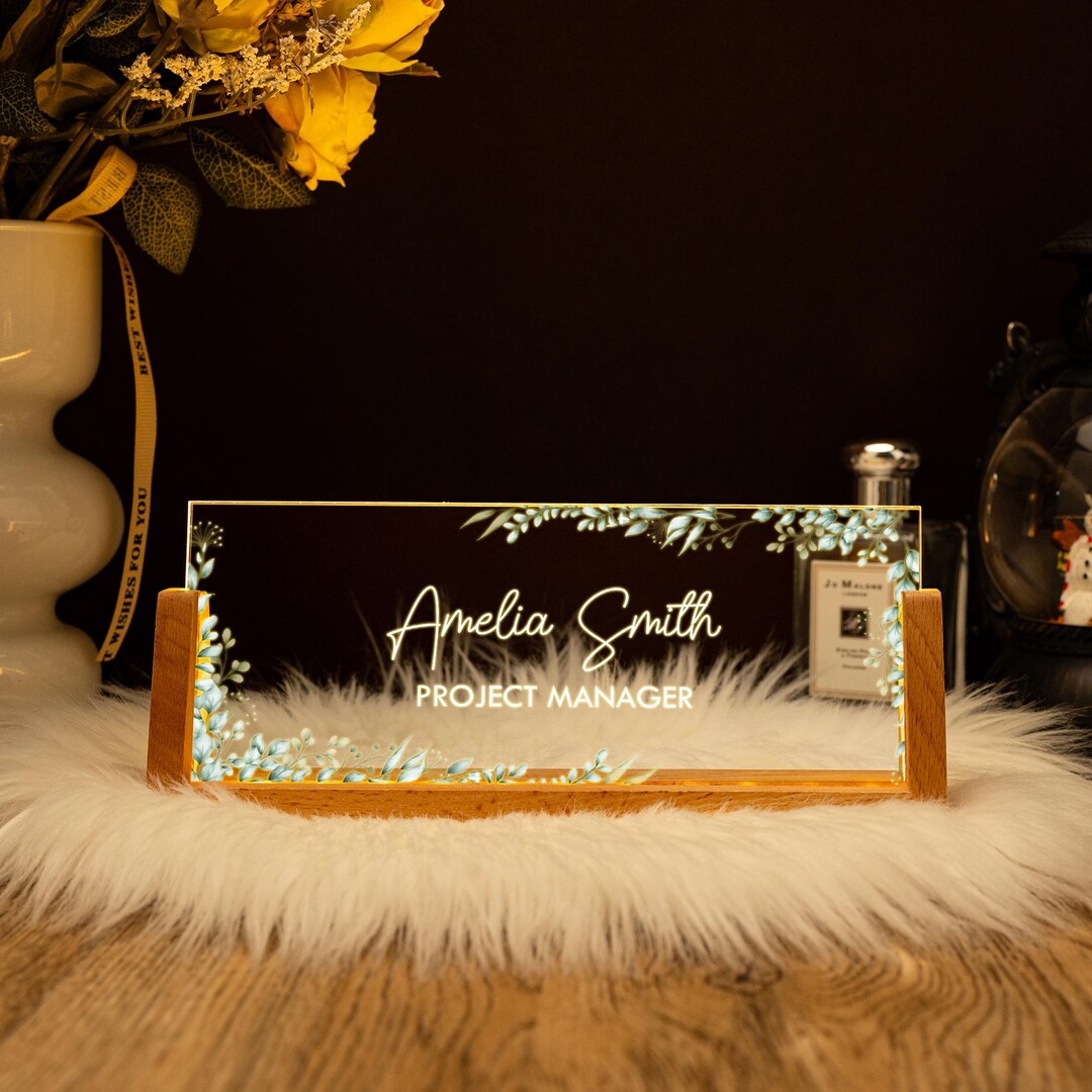 Personalized Acrylic Name Plate With Wooden Base, Custom Minimal ...