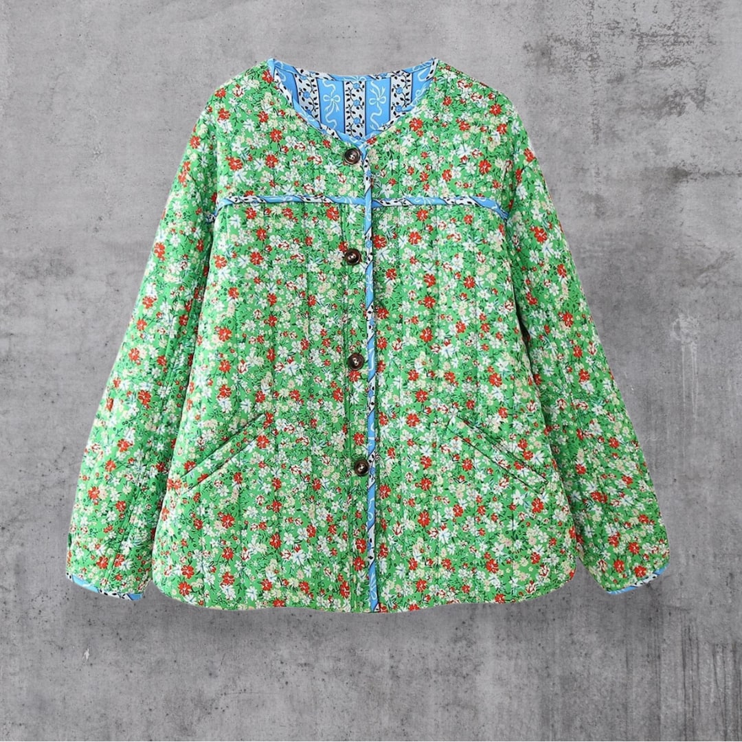 Autumn Floral Quilted Jacket for Women Flower Green Print Long Sleeve ...