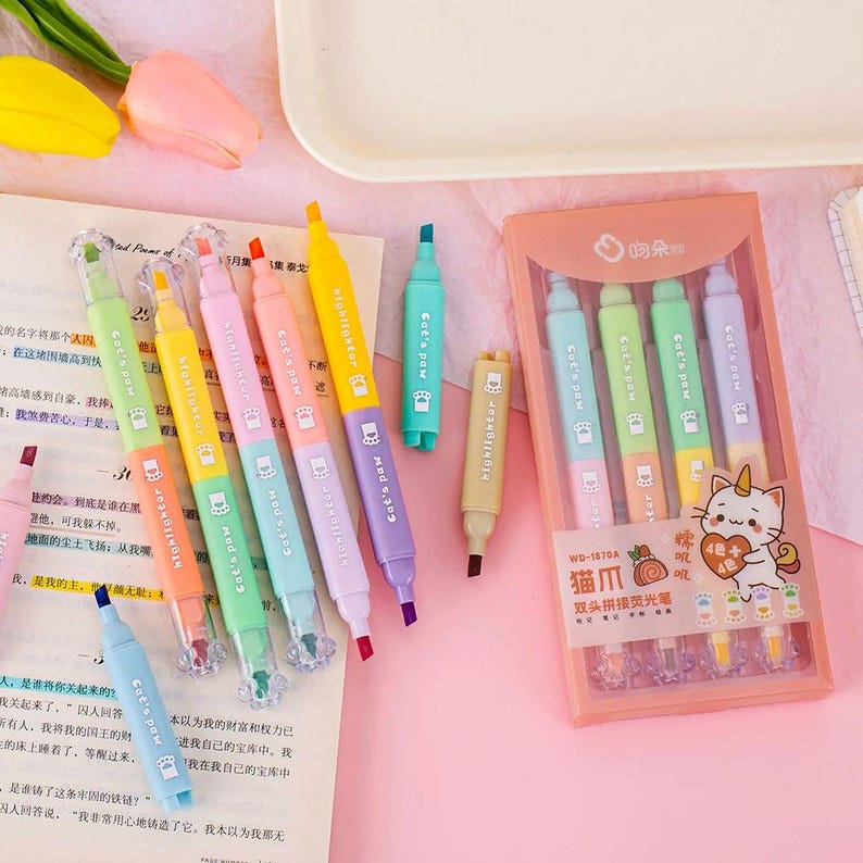 4 Pcs/lot Cat Paw Highlighter Marker Pens Set Cute Kitty Design, Dual ...