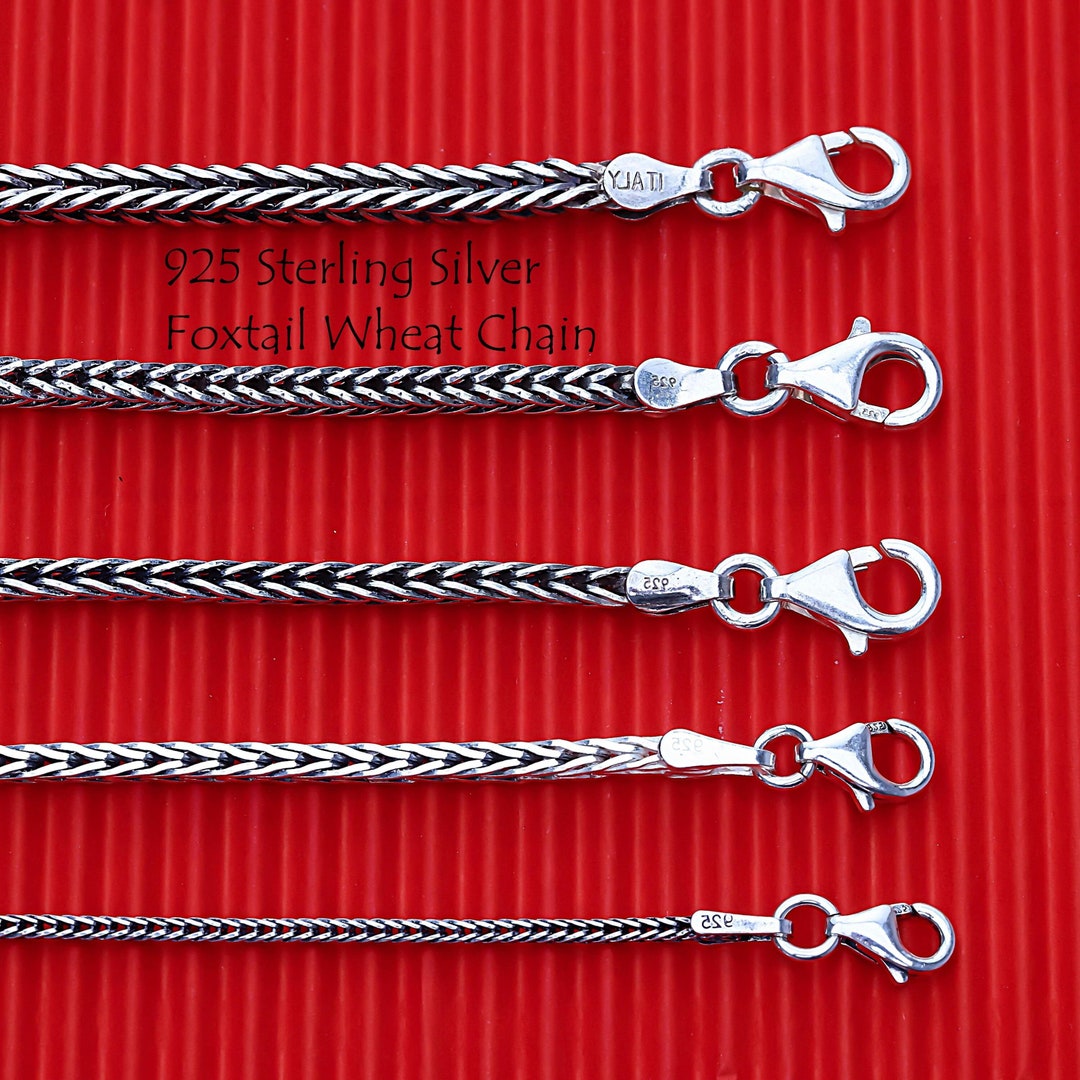 925 Sterling Silver Foxtail Chain Necklace Men, Wheat Bali Oxidized ...
