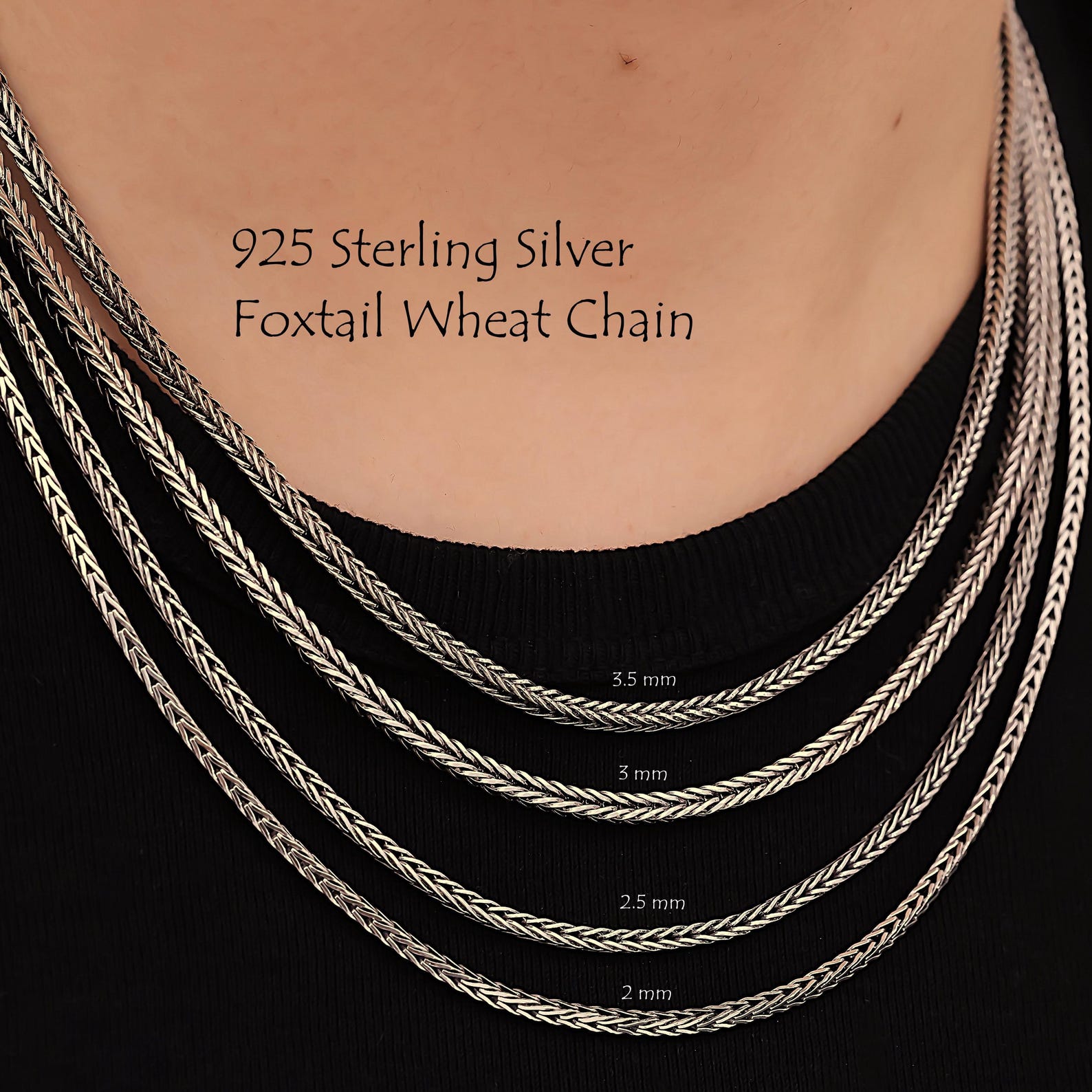 925 Sterling Silver Foxtail Chain Necklace Men, Wheat Bali Oxidized ...