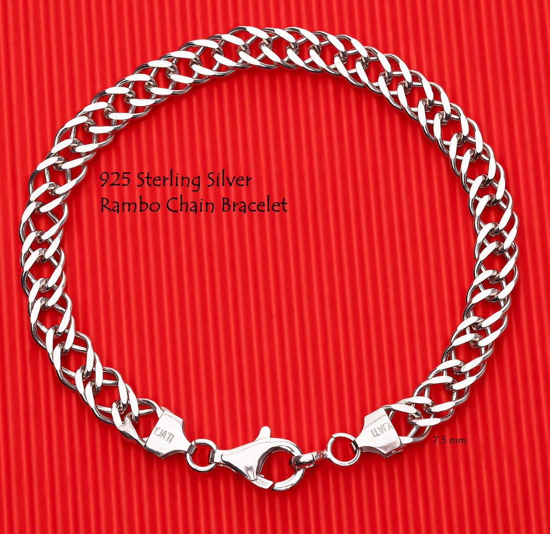 925 Sterling Silver Rambo Chain Bracelet Men, Double Curb Link Long ...