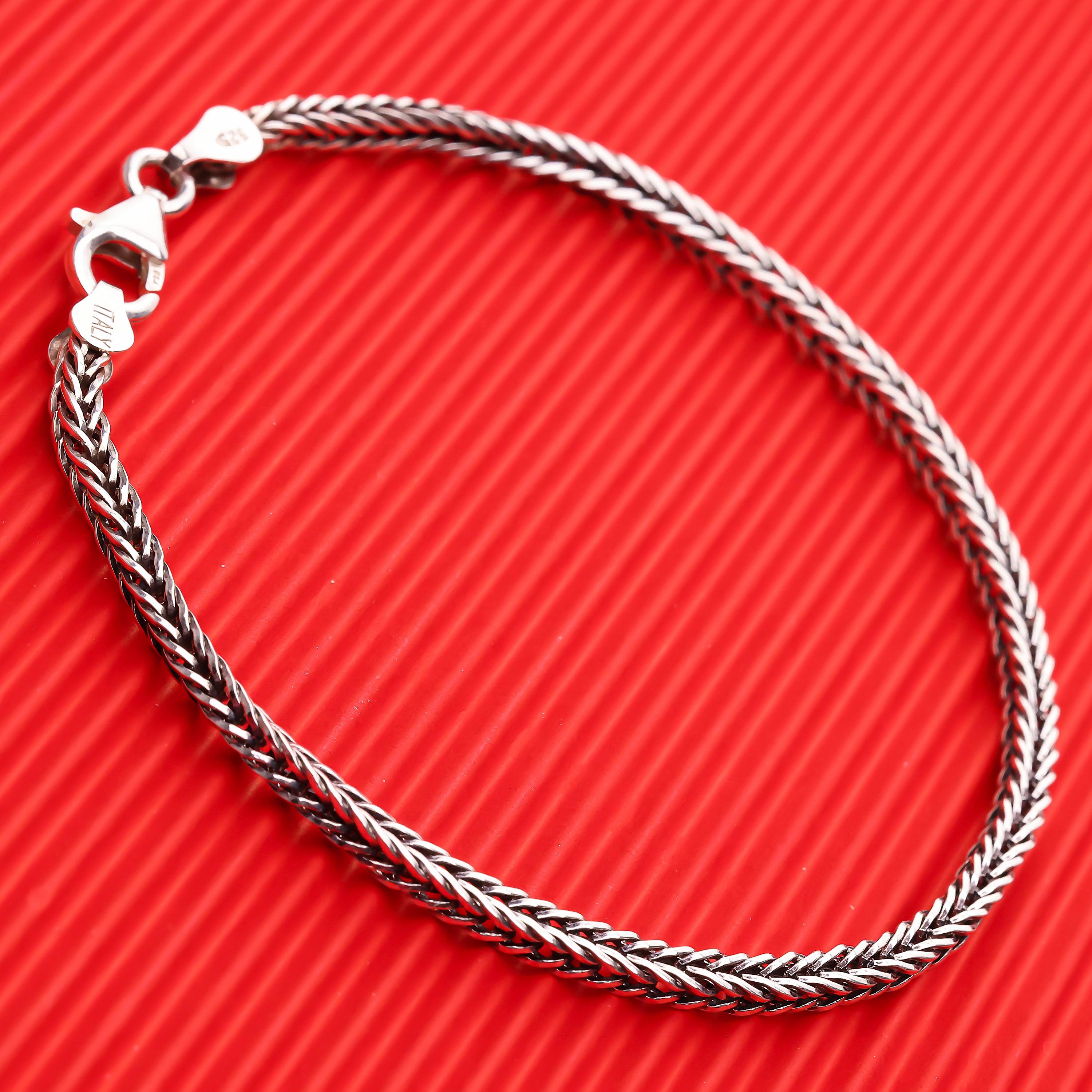 925 Sterling Silver Foxtail Chain Bracelet Men, Flat Wheat Bali ...