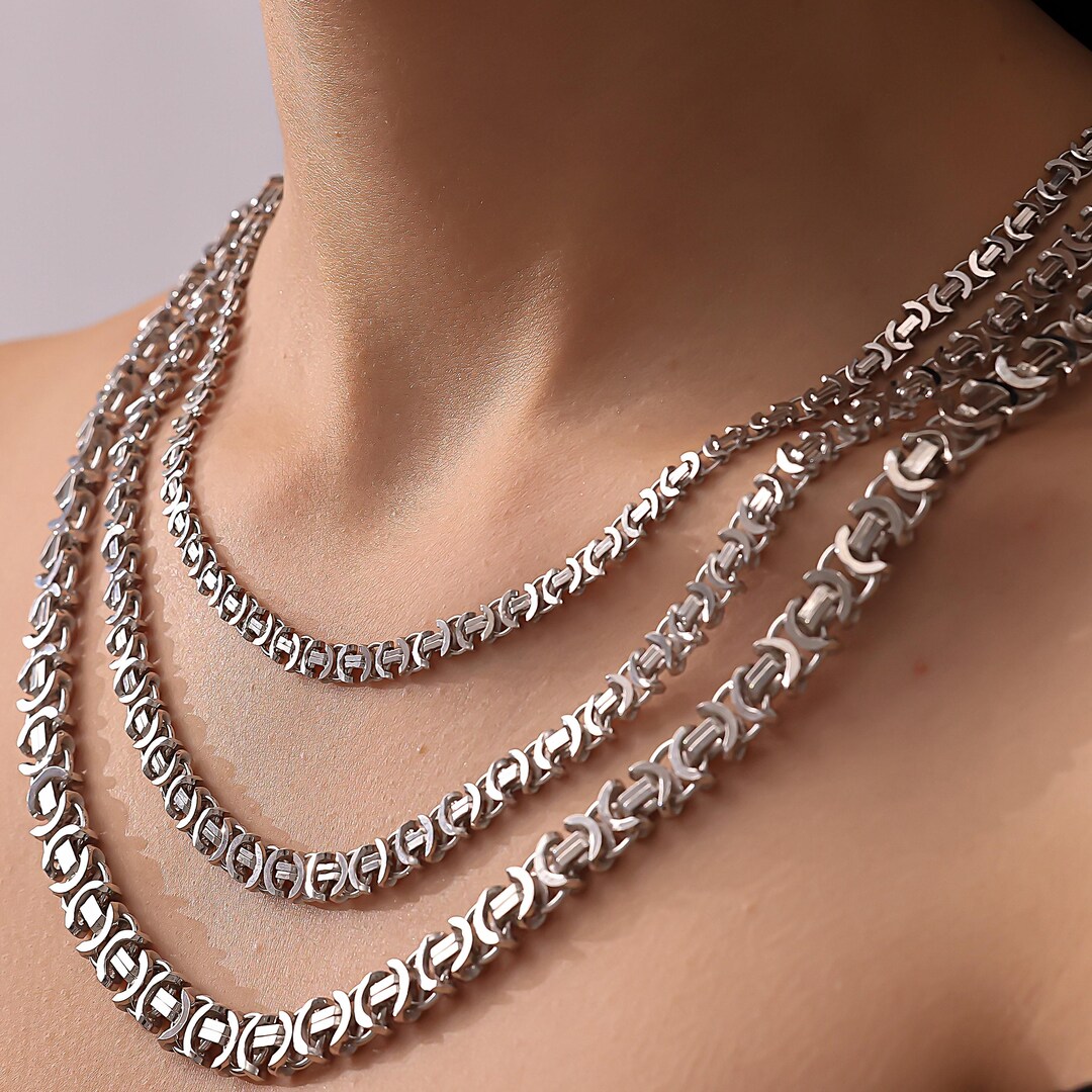 925 Sterling Silver Euro Byzantine Chain Necklace Women, Viking Flat ...
