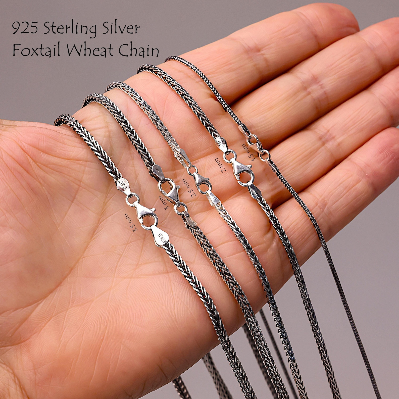 925 Sterling Silver Foxtail Chain Necklace Men, Wheat Bali Oxidized ...